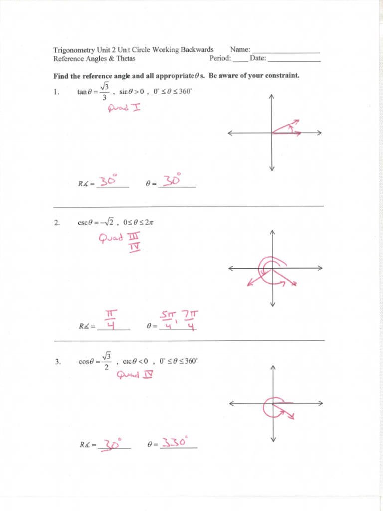 Precalculus+Unit+3.1+Worksheet+9+Unit+Circle+Working+Backwards+KEY (1 ...