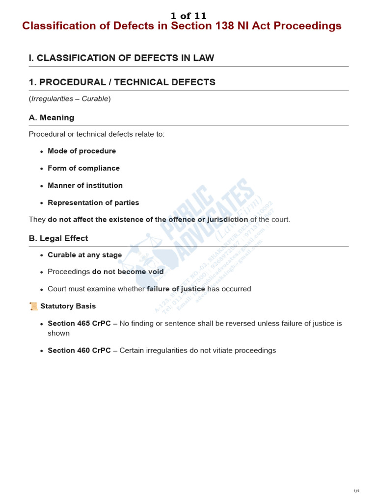 Classification of Defects in Section 138 NI Act Proceedings | PDF ...