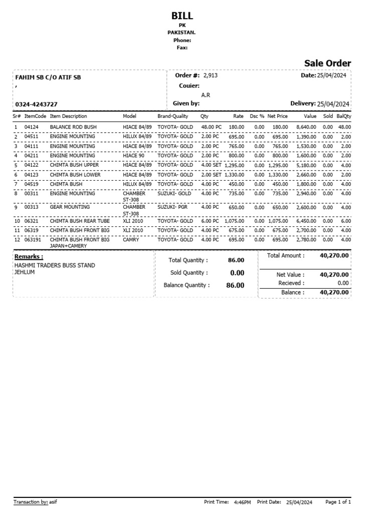 Fahim Sb c.o Atif Sb (Hashmi Traders Jehlum) | PDF | Motor Vehicle ...
