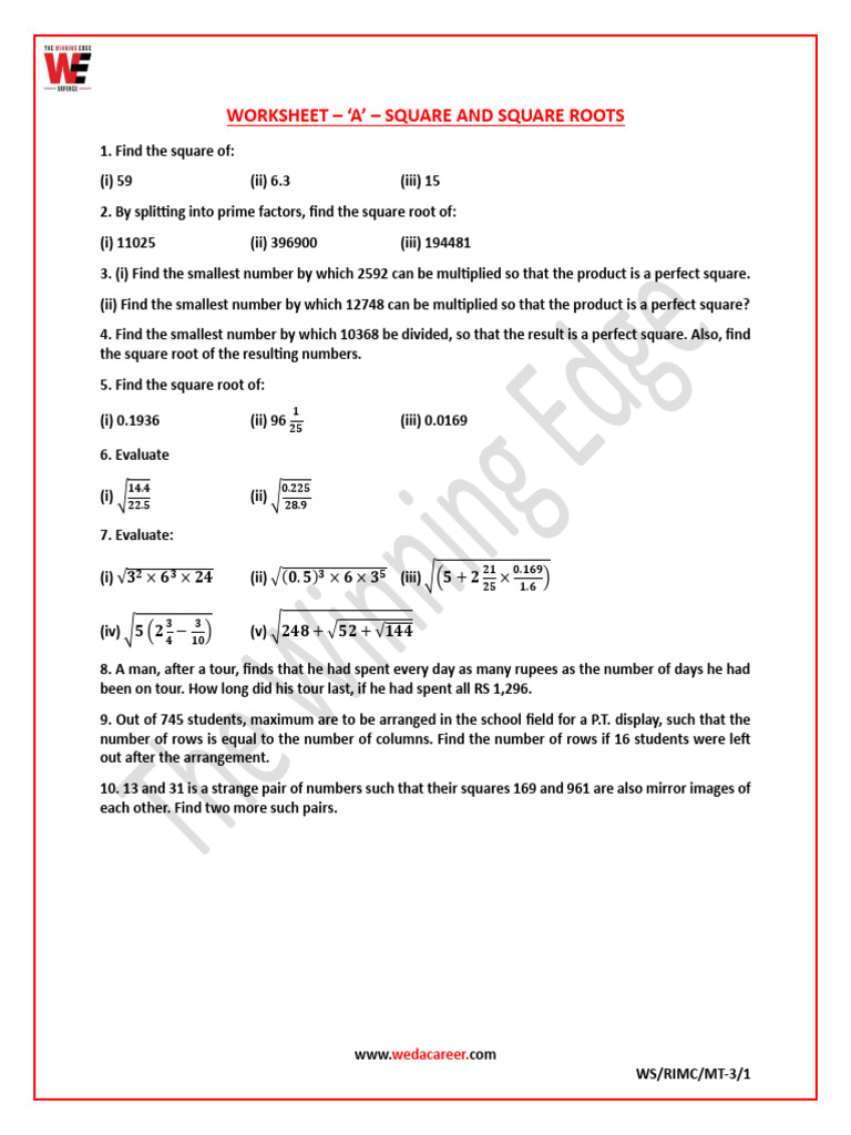 Worksheet - A' - Square and Square Roots | PDF | Mathematics | Discrete ...