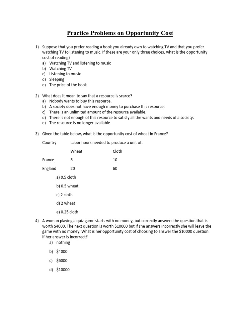 Practice Problems on Opportunity Cost | PDF | Economics | Economies