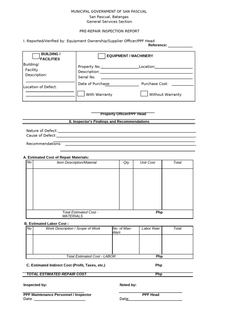 PSHS 00 F GSM 14 Ver02 Rev1 Pre Repair Inspection Report 1 | PDF