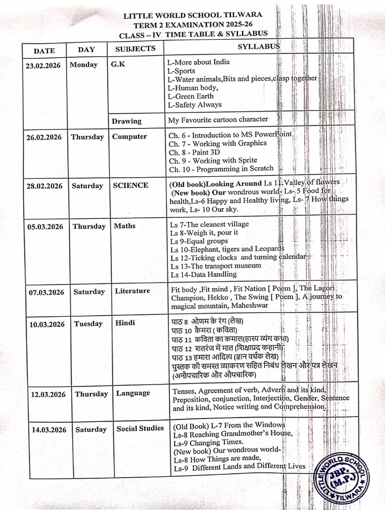 Class IV Term 2 Time Table and Syllabus | PDF