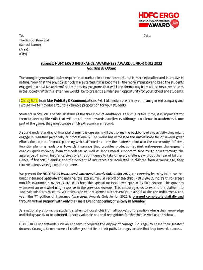 School Invitation Letter - HDFC ERGO 2022 | PDF | Behavioural Sciences ...