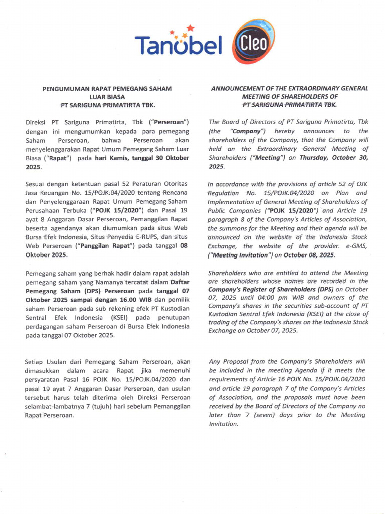 Pengumuman RUPS CLEO 23 September 2025 | PDF