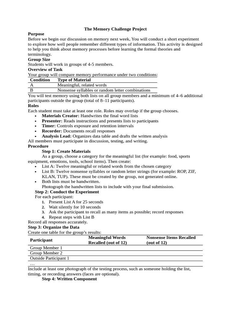 The Memory Challenge Project | PDF | Memory | Behavioural Sciences