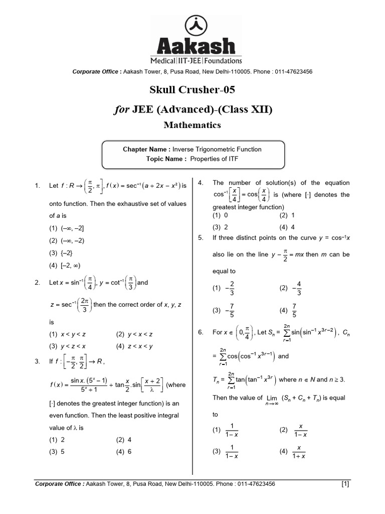 Skull Crusher 05 Class XII JEE (Adv) Mathematics | PDF | Function ...