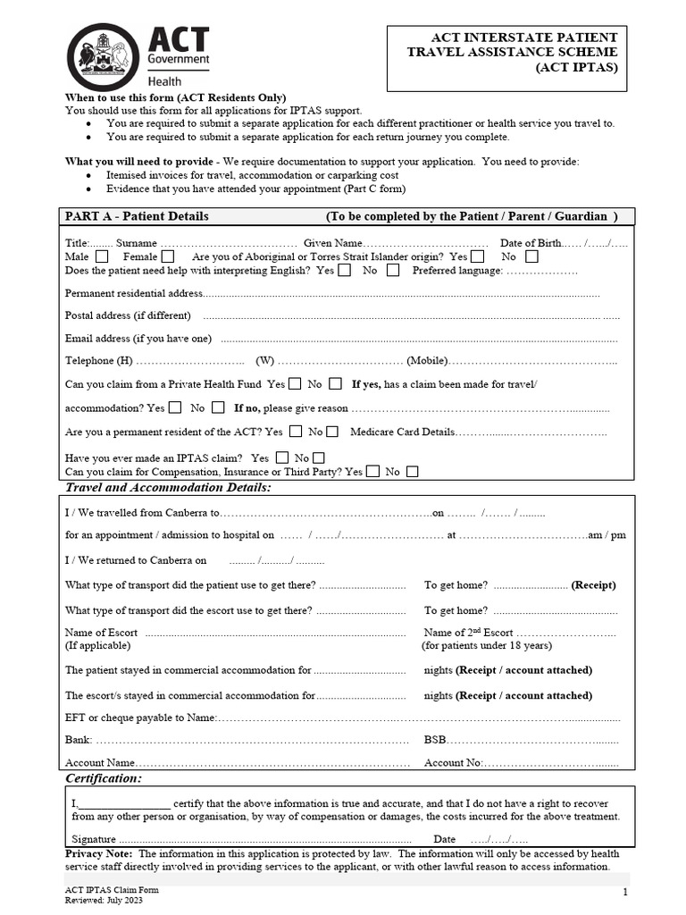 ACT Interstate Patient Travel Assistance Scheme Claim Form 2023 | PDF ...