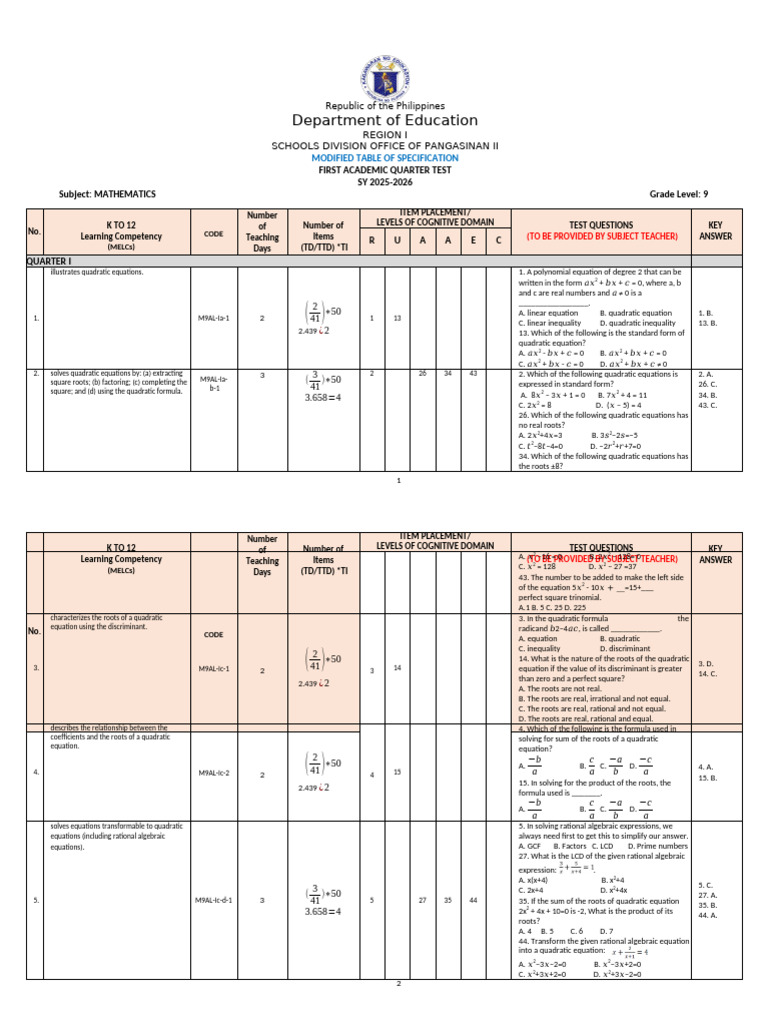 Tos Math 9 1st Quarter Test 2025-2026 Final | PDF | Quadratic Equation ...