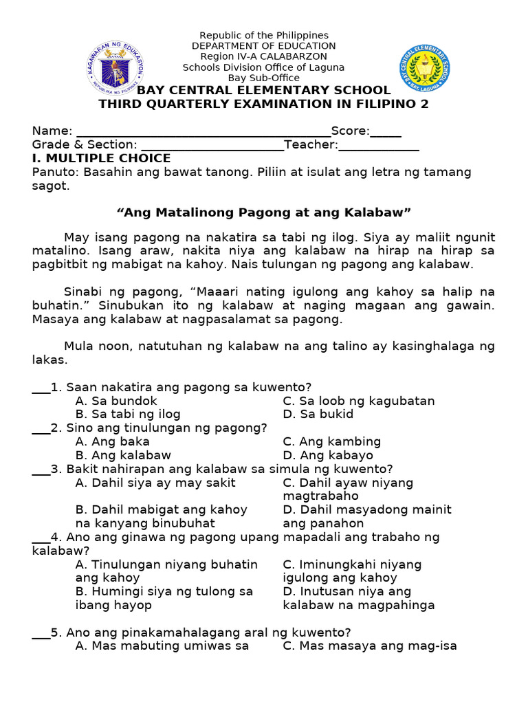 q3 Filipino 2 PT Matatag With Tos Key | PDF