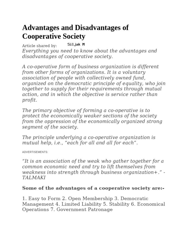 Advantages and Disadvantages of Cooperative Society | PDF | Cooperative ...