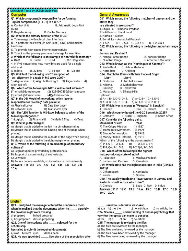 5 Mini Mock Tests by JKSSB Study Fast | PDF | Adverb | Computer Engineering