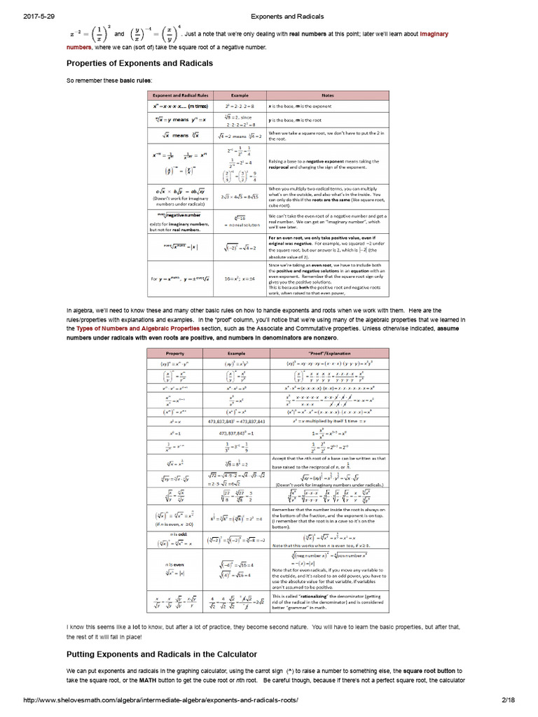 Exponents and Radicals Summary Sheet | PDF | Exponentiation | Mathematics