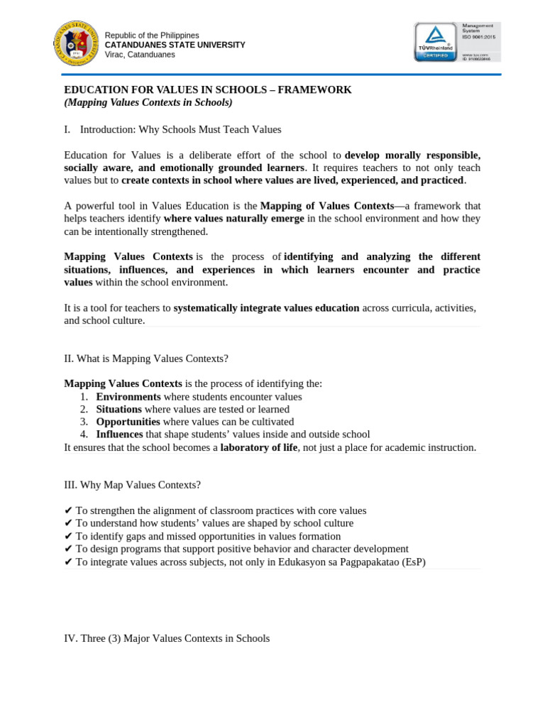 Education for Values in Schools Framework Mapping Values Contexts in ...