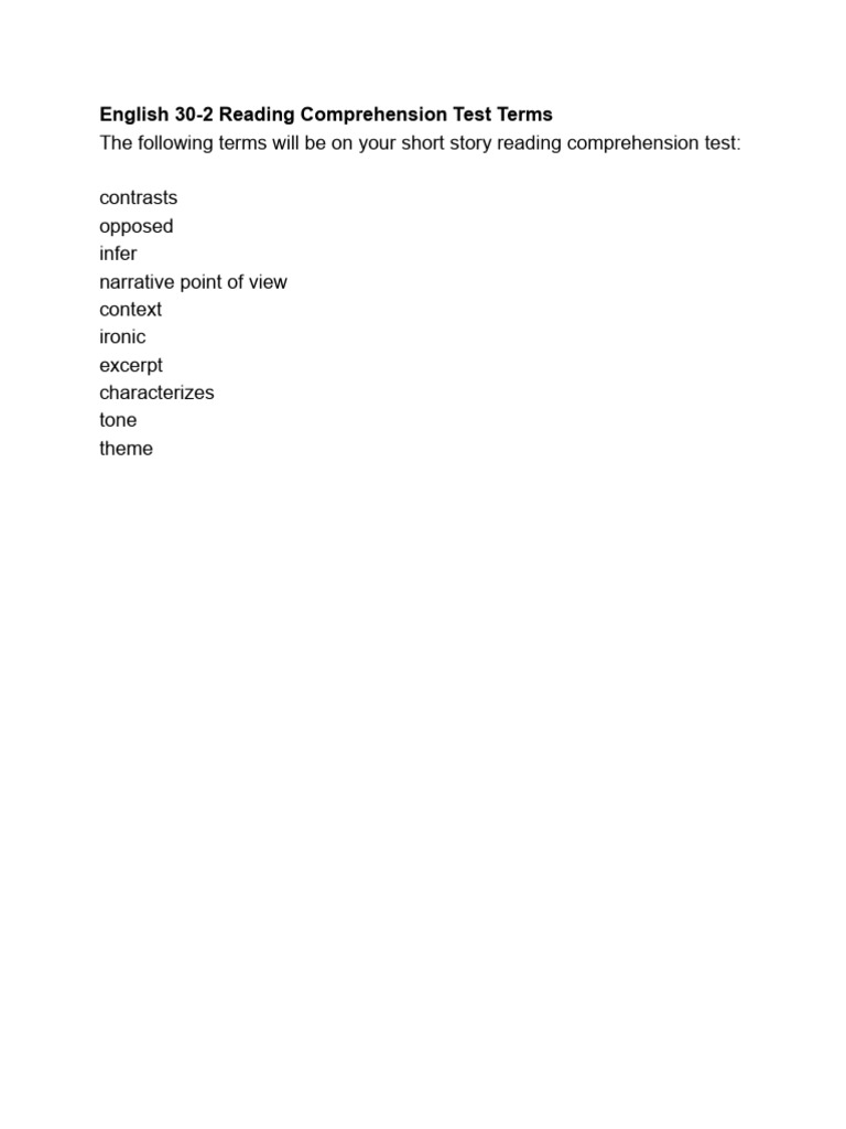 English 30-2 Short Story Reading Comprehension Test Terms | PDF