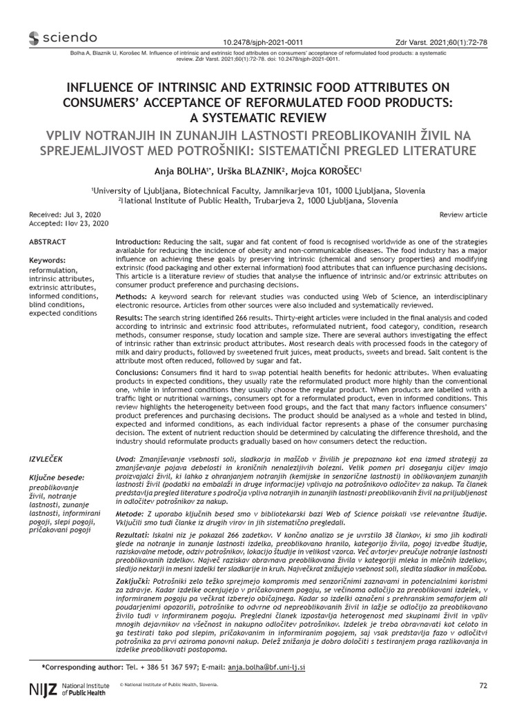 Food Attributes on Consumers; Acceptance of Reformulated Food Product ...