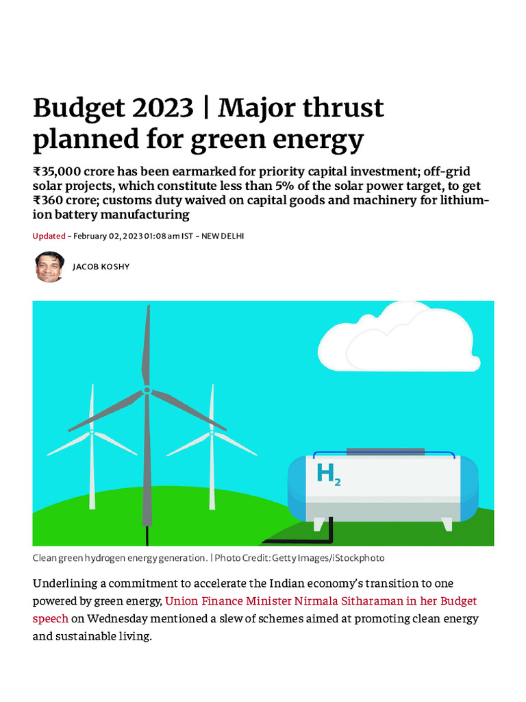 Budget 2023 _ Major Thrust Planned for Green Energy - The Hindu | PDF ...