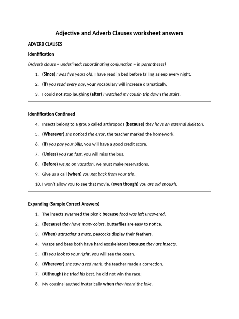 Adjective and Adverb Clauses Worksheet Answers | PDF | Adverb | Syntax
