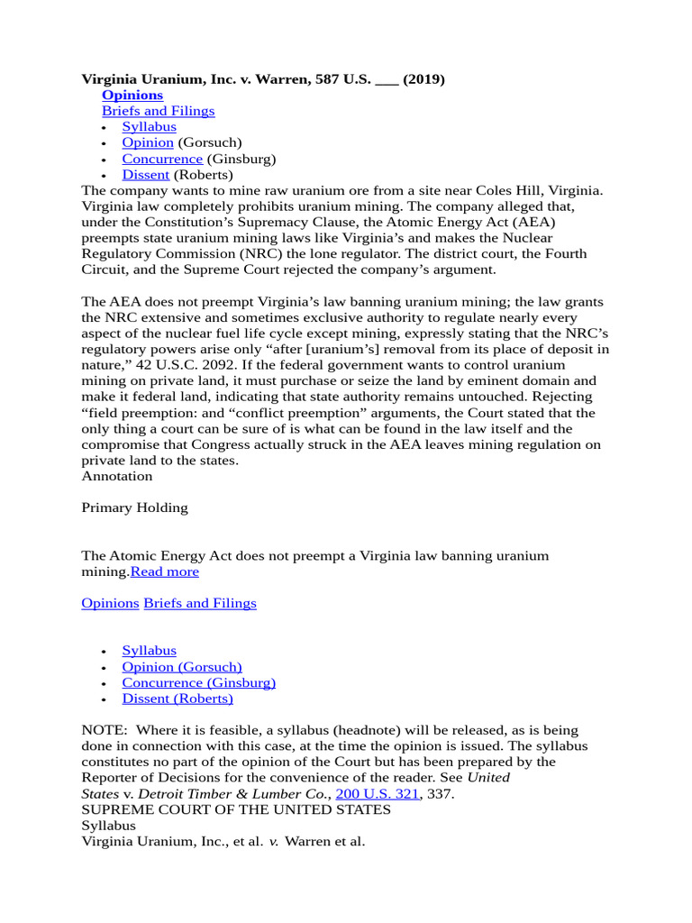 Virginia Uranium | PDF | Federal Preemption | Supreme Court Of The ...