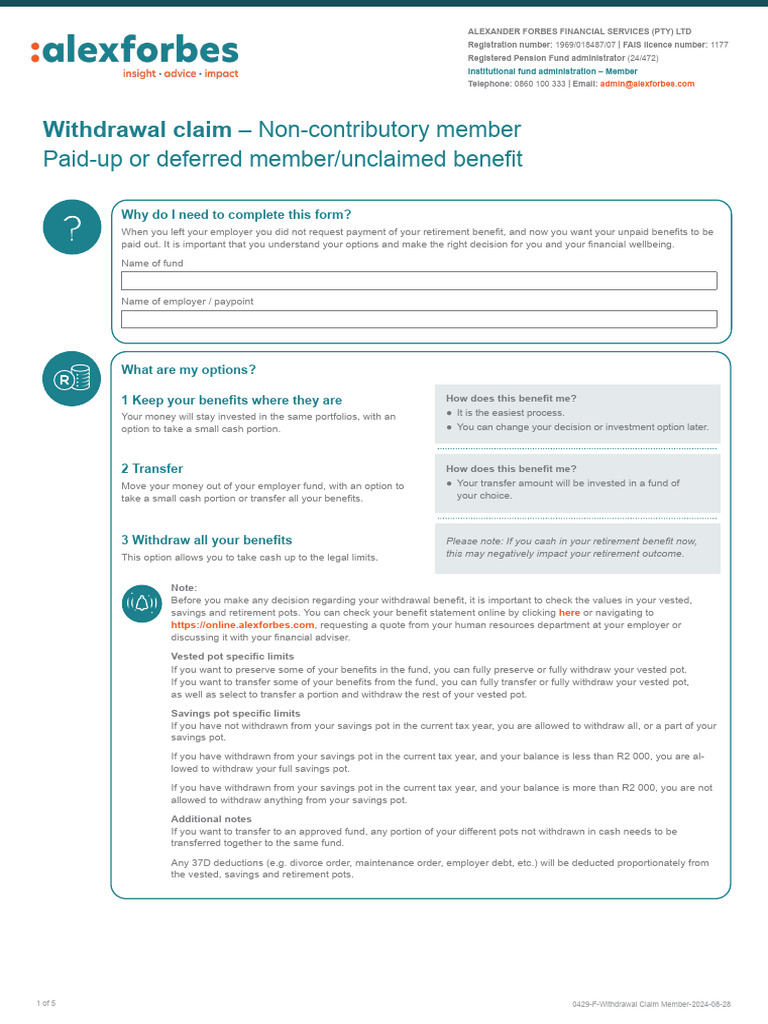 Withdrawal Claim Form-Non-contributory Member-12c to the Rand | PDF ...