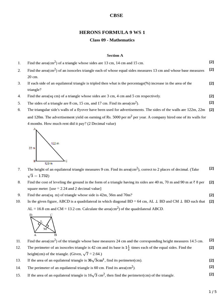 Herons Formula WS 1 (Area of A Triangle) | PDF | Area | Triangle