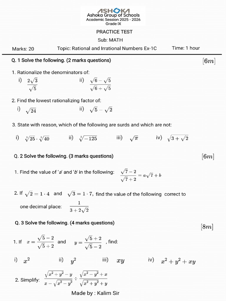 1758632463265 Practice Paper 1 Rational and Irrational Numbers Ex. 1C | PDF