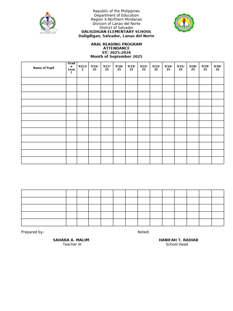 Aral Reading Program Attendance 2025 | PDF