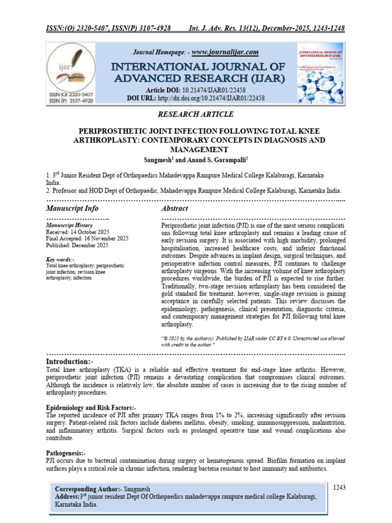 PERIPROSTHETIC JOINT INFECTION FOLLOWING TOTAL KNEE ARTHROPLASTY ...