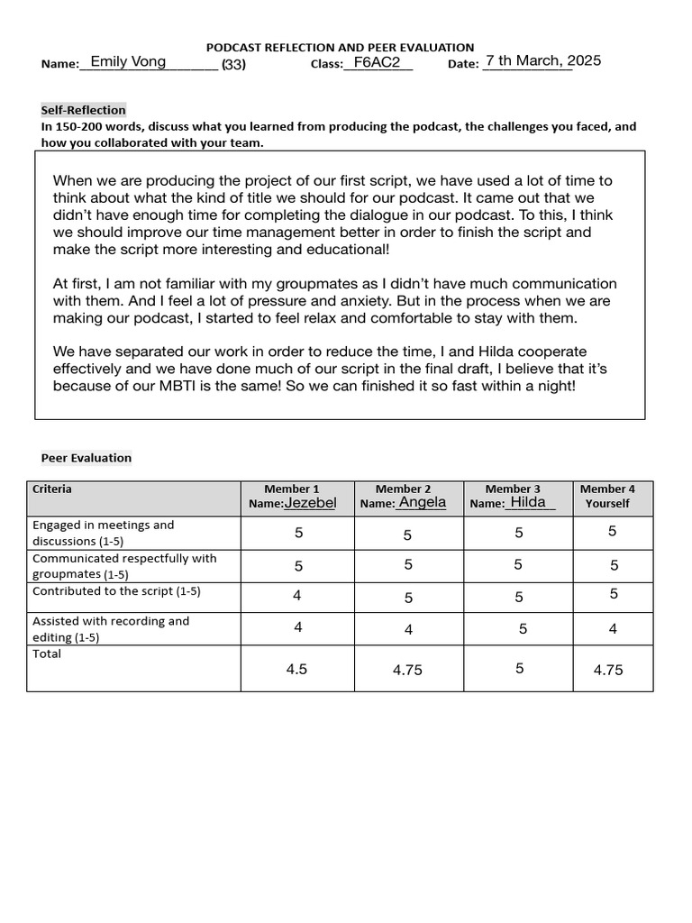 Podcast Reflection and Peer Evaluation | PDF
