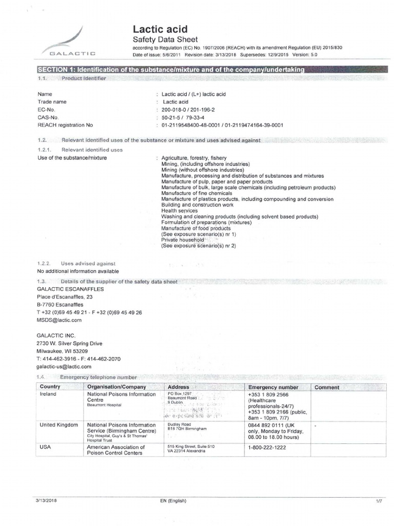 Msds Lactic Acid Galacid Hs 88 | PDF