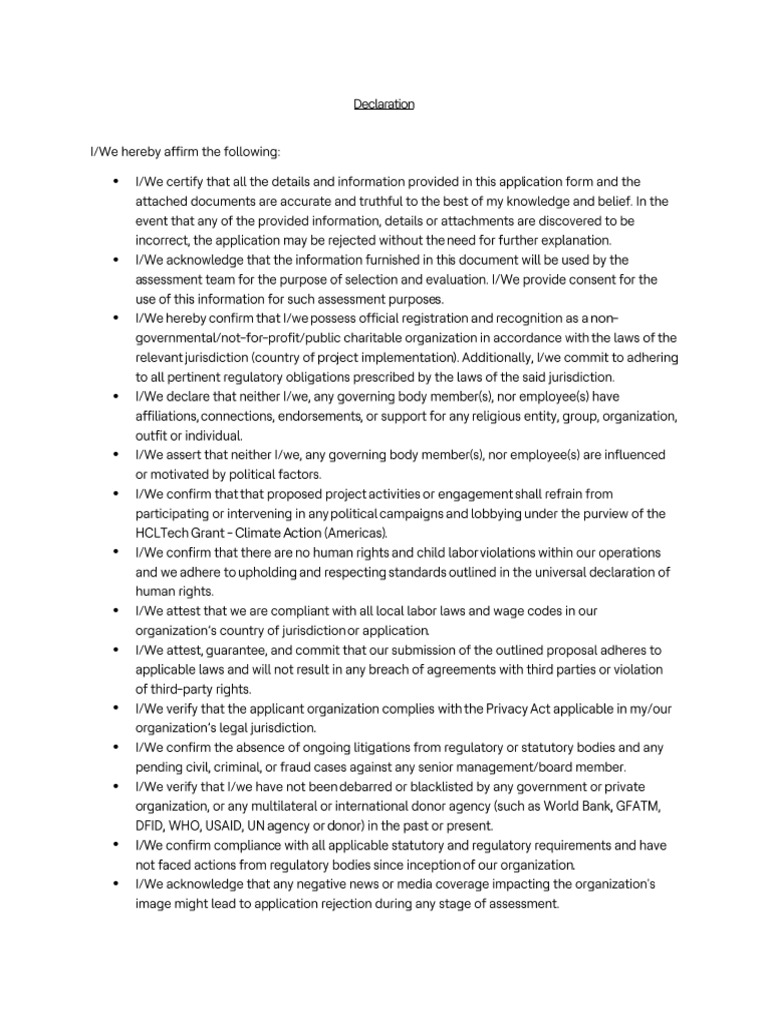 Declaration Form - HCLTech Americas Grant | PDF