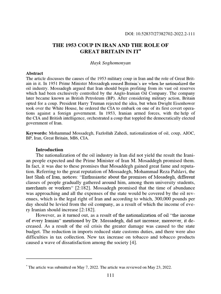 The 1953 Coup in Iran and The Role of GR | PDF | Iran