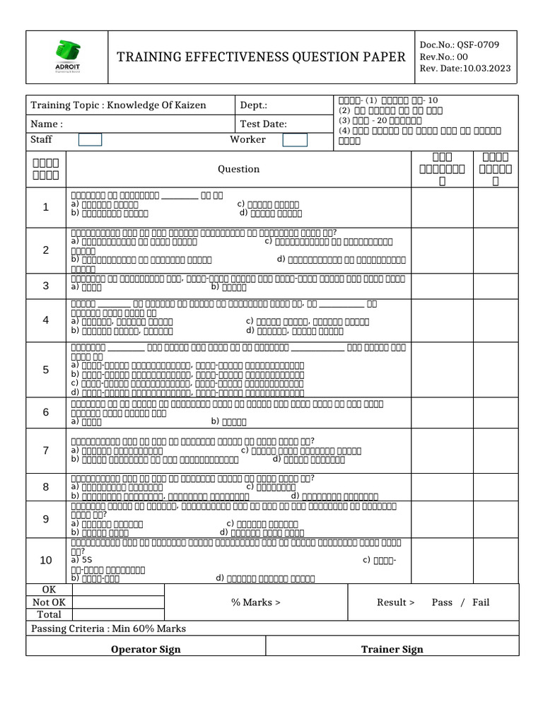Kaizen Question Papers | PDF
