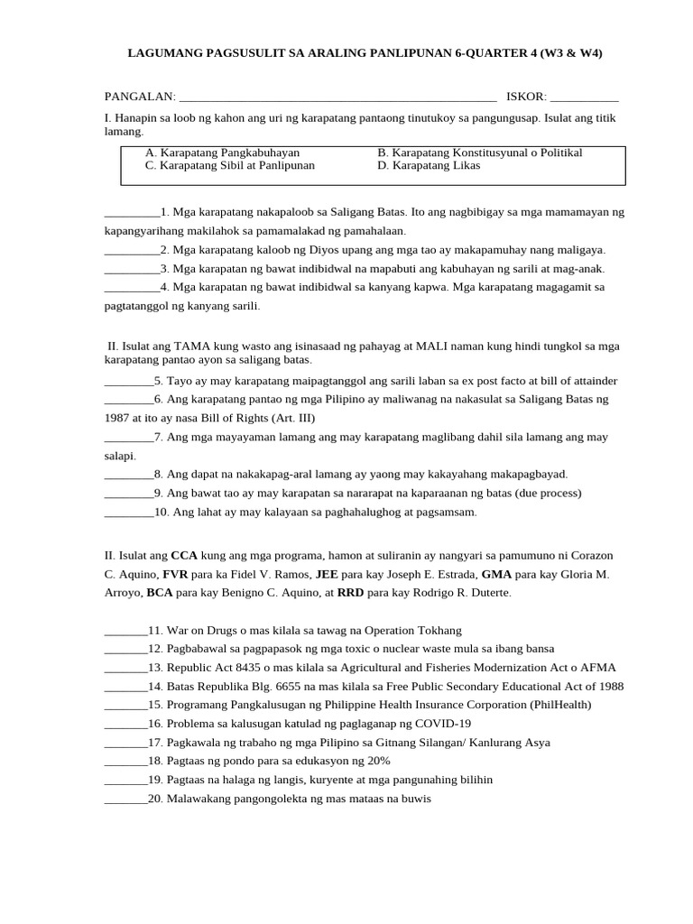 Summative Test in AP 6 w3&4 | PDF