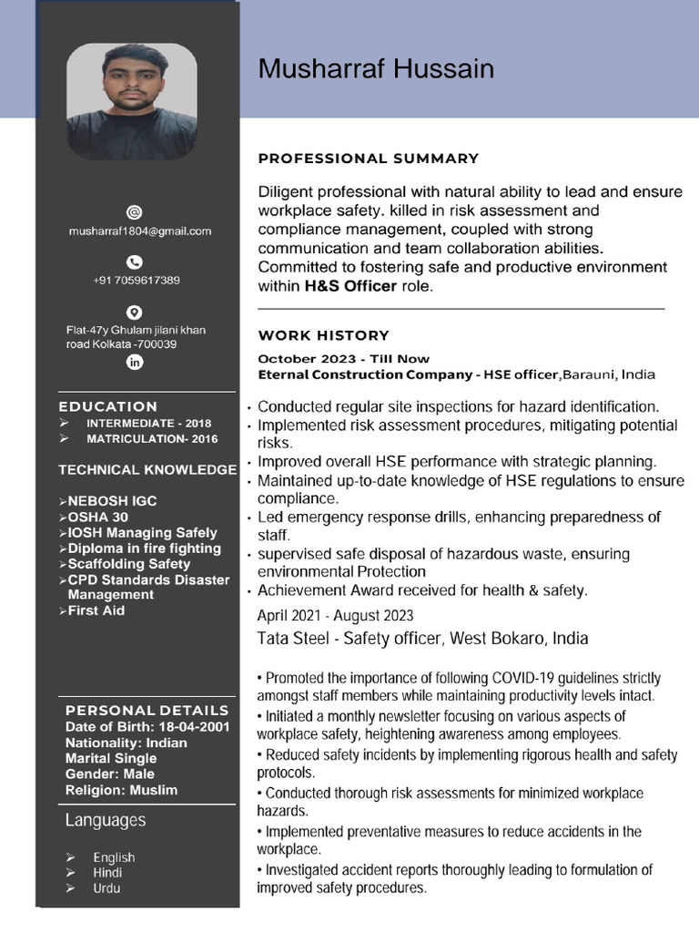 Musharraf Hussain Safety Officer | PDF
