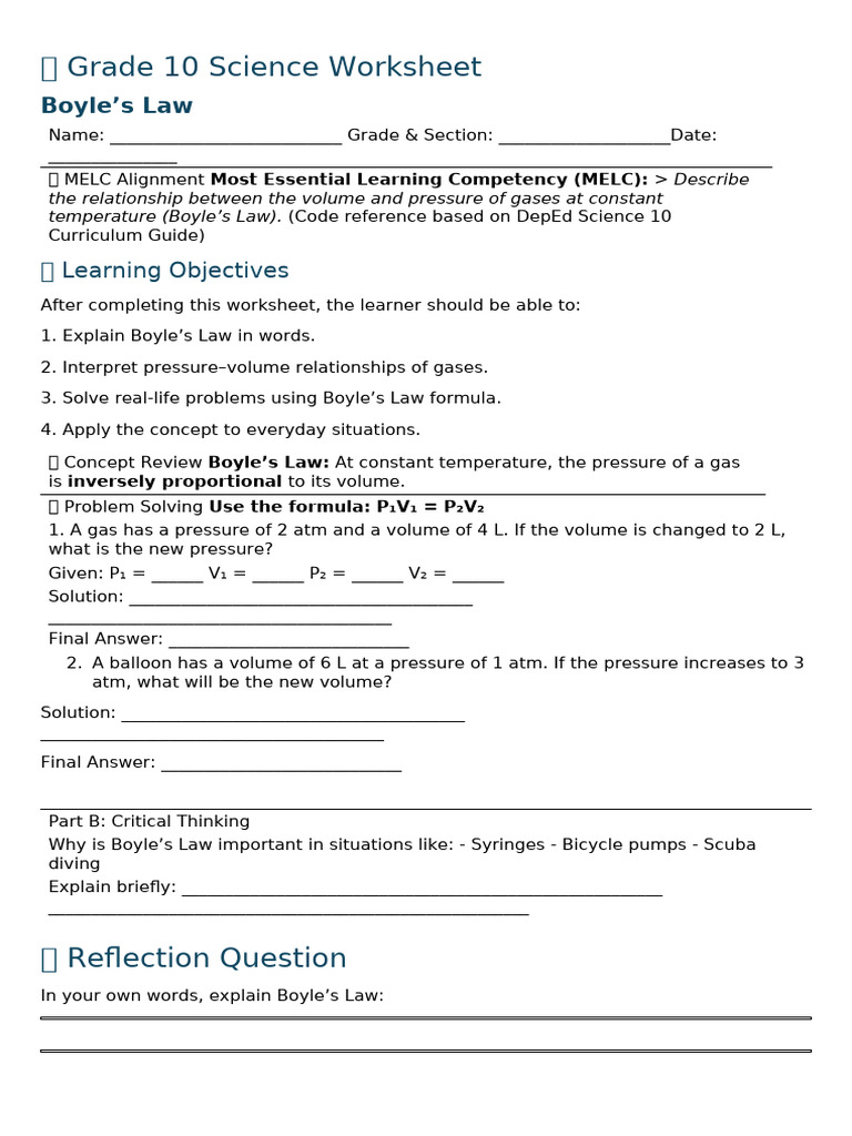 Boyles Law Worksheet Grade10 Melc2 | PDF