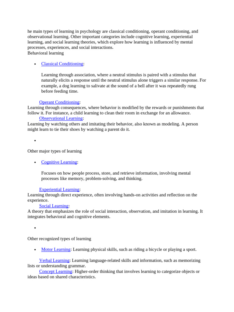 He Main Types of Learning in Psychology Are Classical Conditioning | PDF