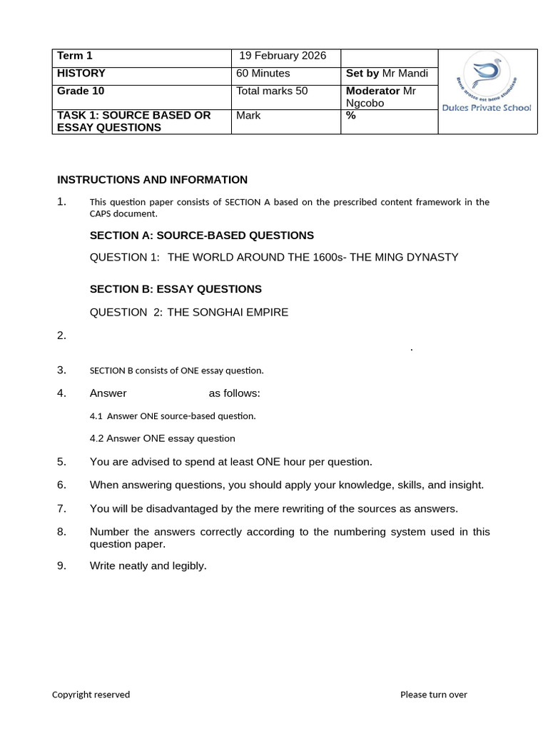 Grade 10 SBA Task 1 - 2026 Question Paper - Final | PDF