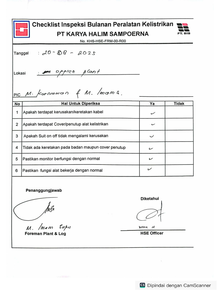 Checklist Inspeksi Peralatan Listrik Bulan Agustus 2025 | PDF