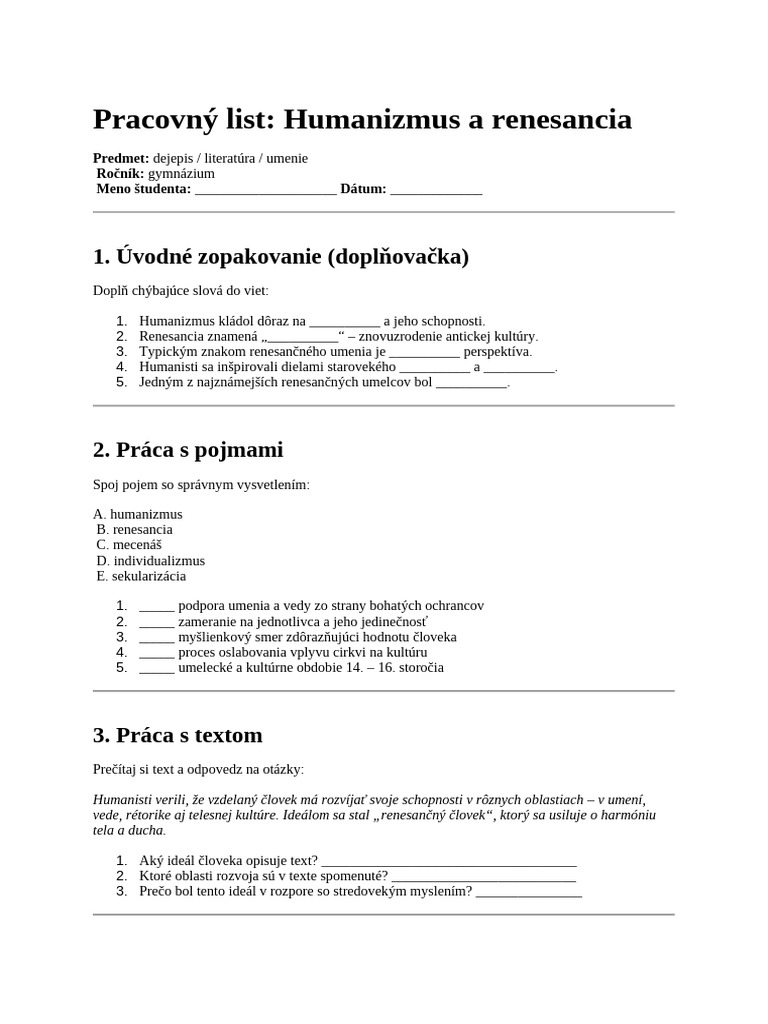 Pracovný List - Humanizmus A Renesancia | PDF