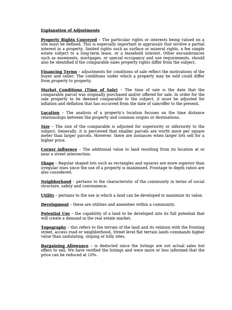 Explanations to Adjustments | PDF | Property | Real Estate Appraisal
