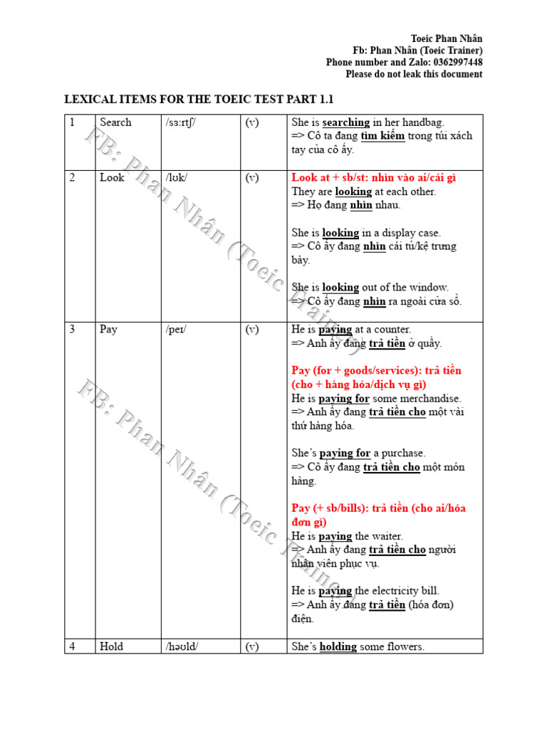 Lexical Items For The Toeic Test Part 1.1 | PDF