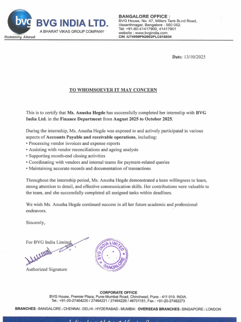 Anusha Internship Letter | PDF