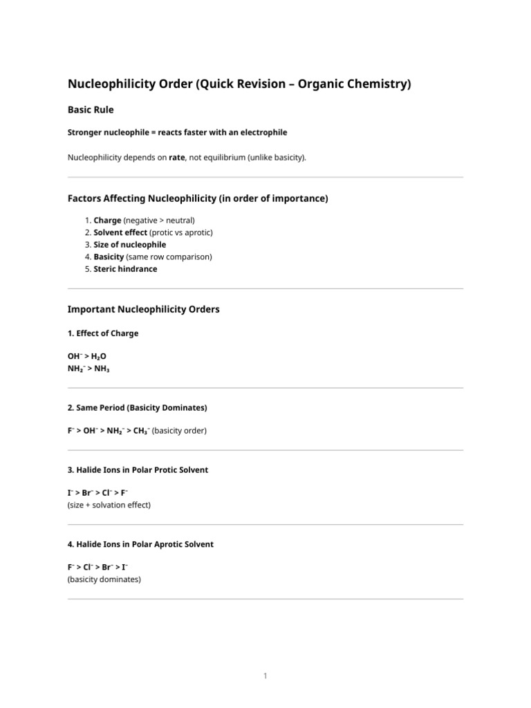Nucleophilicity Order - Quick Revision | PDF