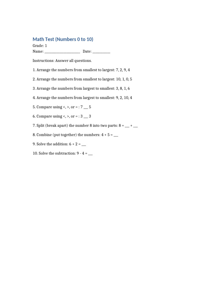 Math Test Grade1 | PDF
