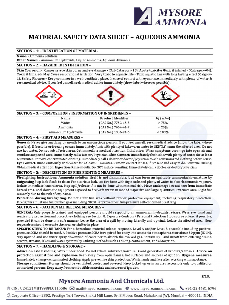 Aqueous Ammonia Msds | PDF | Toxicity | Chemical Compounds