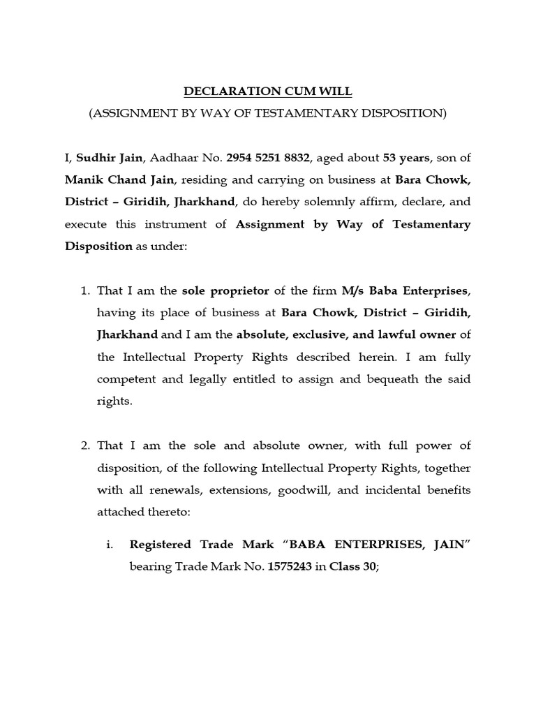 Declaration Baba Enterprises | PDF | Assignment (Law) | Copyright