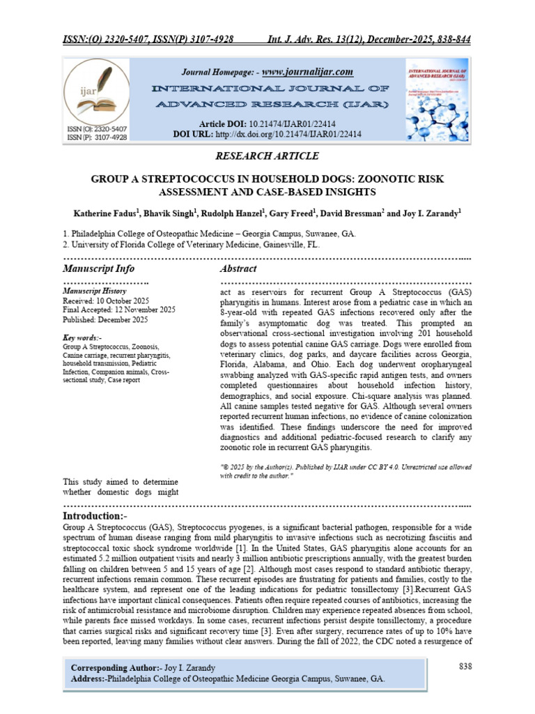 GROUP A STREPTOCOCCUS IN HOUSEHOLD DOGS: ZOONOTIC RISK ASSESSMENT AND ...