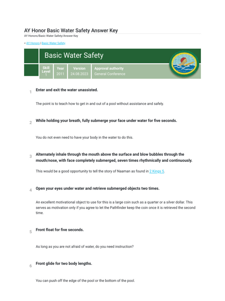 AY Honor Basic Water Safety Answer Key - Pathfinder Wiki | PDF