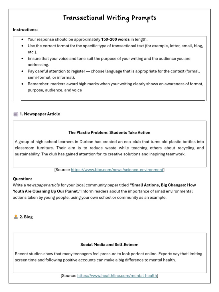 Transactional Writing Prompts | PDF | Adolescence | Learning